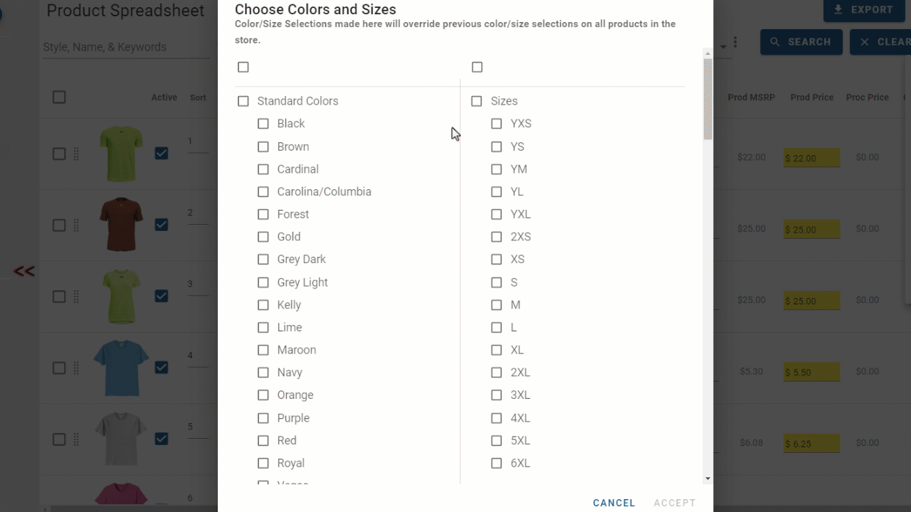 Selecting Product Colors and Sizes in Bulk